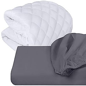 Utopia Bedding Fitted Sheet Queen Grey with Mattress Pad Quilted Fitted White (Pack of 2)