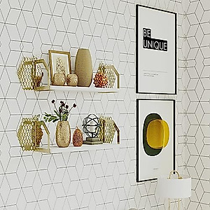 Special Lucy Designed Beehive Wall Shelves for Wall Decor - Designer's Gold Honeycomb Wall Art Meets Premium White Floating Shelves - Set of 2, 8 Inches Deep, 24 Inches Wide
