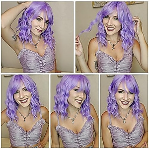 HAIRUP Lavender Wig with Bangs for Women, Short Wavy Curly Bob Wig Light Purple Wigs 14 Inch Shoulder Length Colored Pastel Purple Wig Daily Party Cosplay Wigs