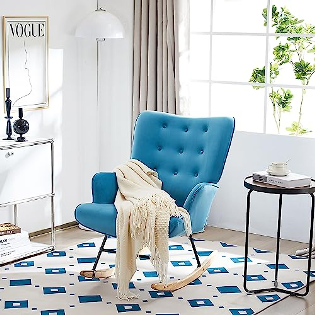 Kosydown Basic Blue Rocking Chair, Velvet Rocking Chair Nursery, Upholstered Comfy Armchair with High Backrest for Living Room Bedroom Offices, Solid Wood Legs Reading Chair