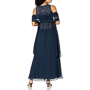 J Kara Women's Sleeveless Scallop Long Beaded Dress W/Scarf, Navy/Grey, 12