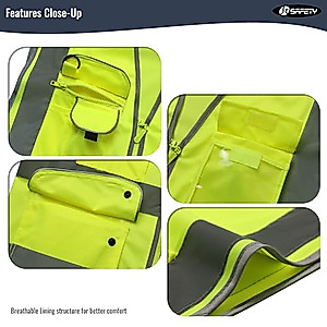 JKSafety 9 Pockets Class 2 High Visibility Zipper Front Safety Vest With Reflective Strips,Meets ANSI/ISEA Standard (Large, 150-Yellow)