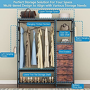 Loomie Heavy Duty Clothes Rack for Hanging Clothes with 5 Shelves & 5 Drawers, Metal Freestanding Clothing Rack with Five Hooks, Garment Rack Closet Wardrobe Rack, 70.87H x 59.06W,Max 900lbs,Rustic