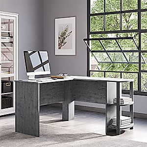 BELLEZE Modern Corner L-Shaped Home Office Computer Laptop Desk or Writing Study Workstation in Wood with Two Open Cubby Storages for Bookshelf - Kent (Grey)