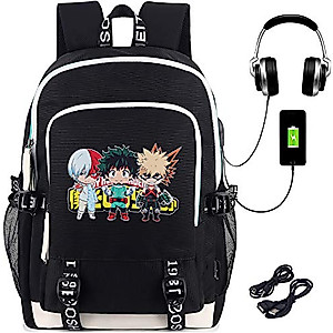 Roffatide Anime Hero Academia Backpack Printed College School Bag Laptop Backpack with USB Charging Port & Headphone Port