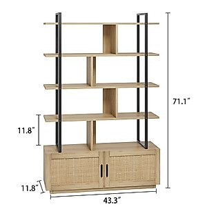 GAOMON 5 Tier Rattan Bookshelf with Storage Cabinet & Door, 71.1 Inch Tall Industrial Book Shelf with Open Display Shelves, 5 Shelf Bookcase with Metal Frame for Living Room, Bedroom -Burlywood