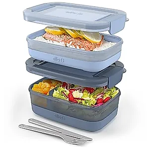 Ello 2-Pack Lunch Stack Plastic Food Storage Container Bento Box with Airtight, Leak-Proof Locking Plastic Lids and Silicone Base, BPA-Free, Freezer, Microwave, and Dishwasher Safe, Blueberry