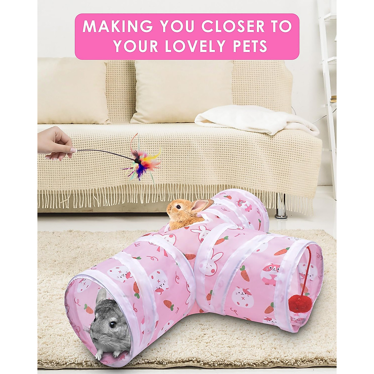 Bissap Rabbit Tunnel, 9.8'' Collapsible Bunny Tunnel and Tube 3 Ways Pet Hideout with 1 Play Ball for Indoor Kittens Dwarf Rabbits Bunnies Guinea Pigs Chinchillas Small Animal Activity Fun Toys (Pink)