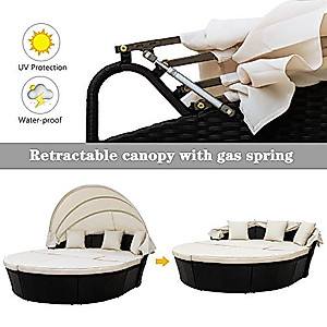 MOEO Outdoor Rattan Patio Furniture Round Daybed Sunbed with Retractable Canopy, All-Weather Wicker Sectional Sofa Set w/Washable Cushions for Garden, Porch, Backyard, Beige