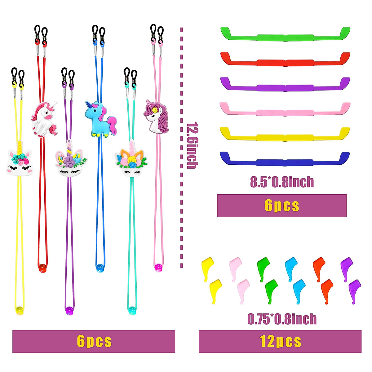 SKYCOOOOL 24 PCS Kids Glasses Strap Rainbow Unicorn Adjuster Anti-slip Silicone Eyeglass Straps Glasses Retainer Cute Decorations For Girls