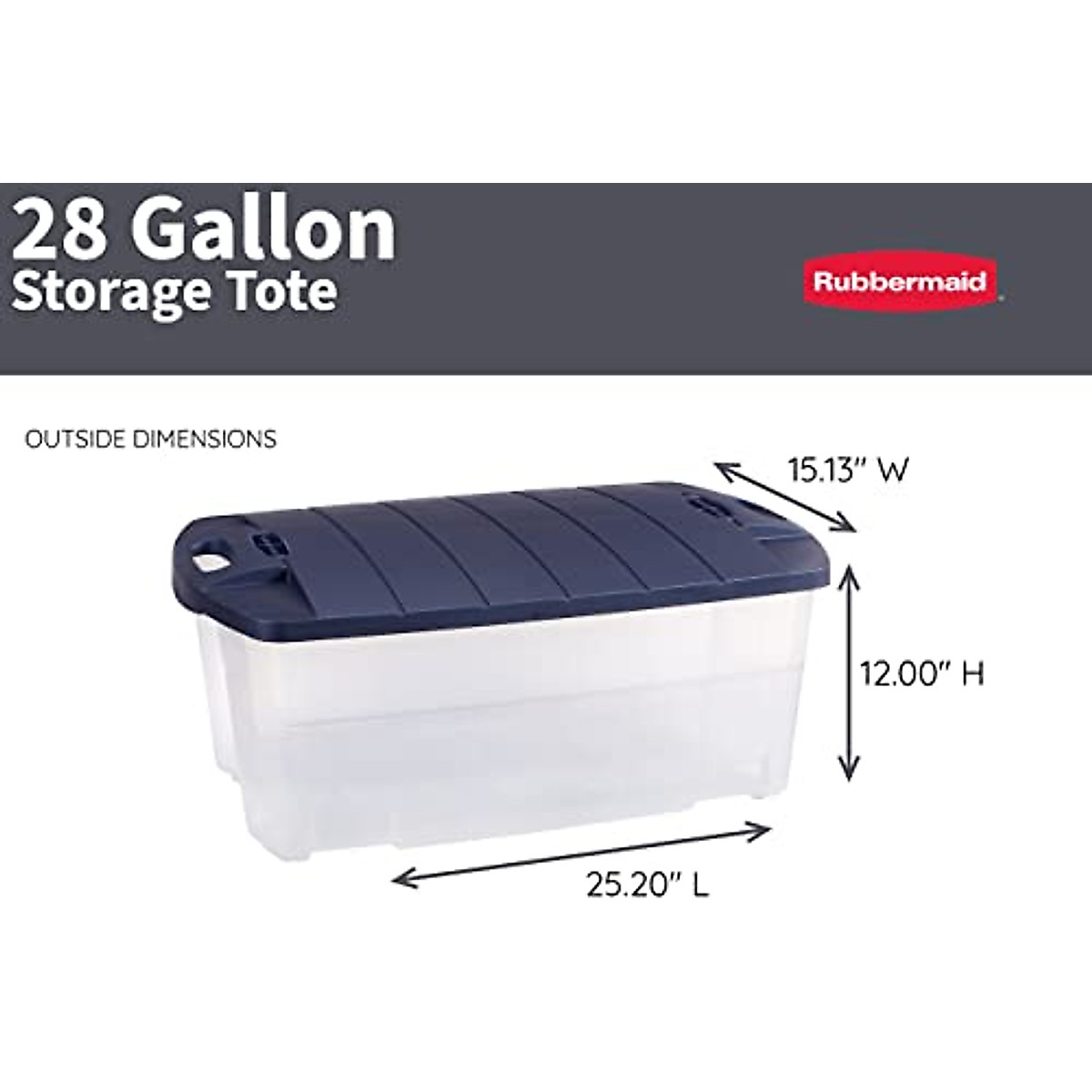 Rubbermaid 28 Gallon Jumbo Clear Tote, Stackable, Large Capacity, Home, Garage, and Office Storage Organizers, Durable Snap-Tight Lids, Clear Bins/Dark Indigo Metallic Lids, Pack of 2