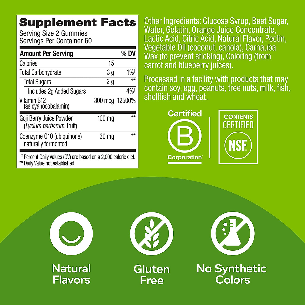 OLLY Daily Energy Gummy, Caffeine Free, Vitamin B12, CoQ10, Goji Berry, Adult Chewable Supplement, Tropical Flavor - 120 Count Pouch