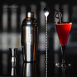Interplay Concepts 25oz Cocktail Shaker - Large Drink Shaker for Perfect Drinks - Stainless Steel Martini Shaker with Built in Strainer, Jigger & Spoon - Professional Cocktail Shaker Set for Mixing