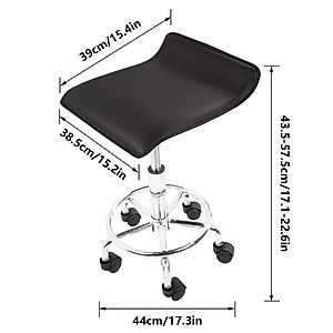 KKTONER Square Height Adjustable Rolling Stool with Foot Rest PU Leather Seat Cushion Spa Drafting Salon Tattoo Work Swivel Office Stools Task Chair Seat Length: 15.5", Width: 15.2" (Black)