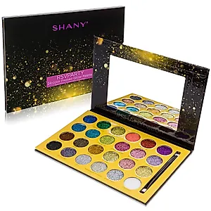 SHANY RSVParty Makeup Glitter Eyeshadow Palette - 24 Long-Lasting Pressed Glitter Pigments for Face and Body - Ultra Pigmented Glitter Makeup set with a Makeup Brush. Full Size Eyeshadow Pan.