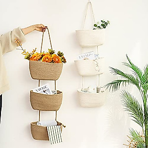 TeoKJ Over the Door Hanging Basket, 3-Tier Woven Cotton Wall-Mounted Storage Organizer Bag Decorative Hanging Kitchen Baskets - Jute