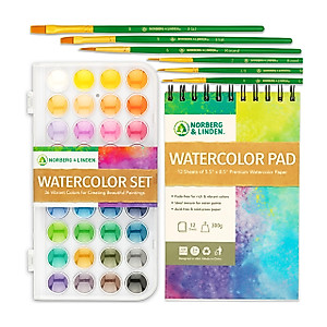 Norberg & Linden Watercolor Paint Set - 36 Premium Paints - 12 Page Pad - 6 Brushes - Painting Supplies with Palette, Watercolors, Art Pad Paper and Artist Brushes