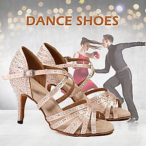 SWDZM Women's Rhinestone Dance Shoes Ballroom Latin Salsa Performance Practice Dancing Shoes,L377,Pink,Heel 3 1/3'',US 8