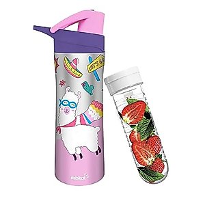 rabitat Nutri Lock Stainless Steel Insulated Sipper Bottle - Chatter Box, Purple/Pink Sipper for Kids. Reuseable Thermos Water Bottle for School with Fruit Infuser.