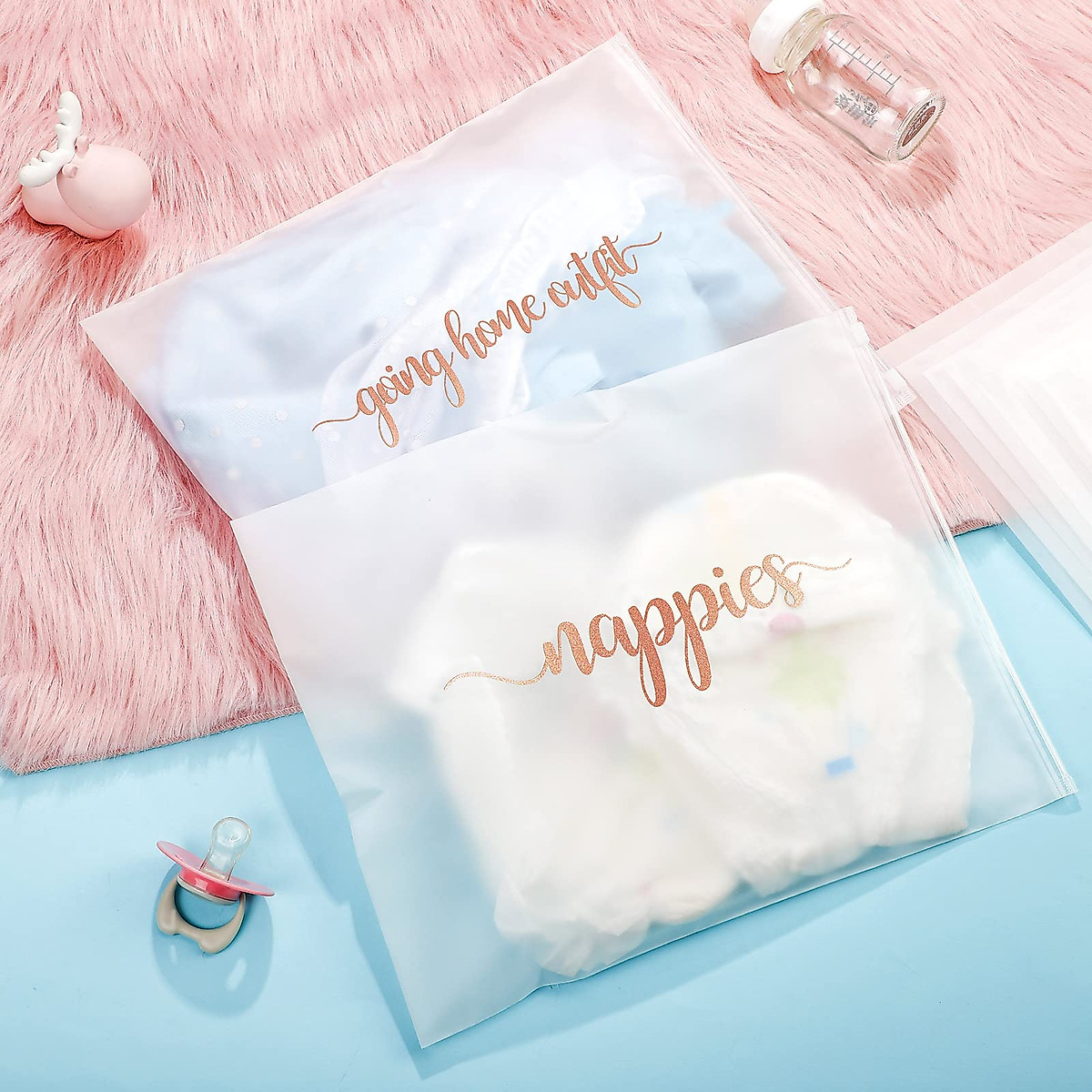 15 Pack Hospital Bags for Labor and Delivery 11 x 14 Inch Diaper Bag Organizing Pouches Resealable Maternity Hospital Bag Essentials Frosted Clear Plastic Bags for Packaging Product (Rose Gold Letter)