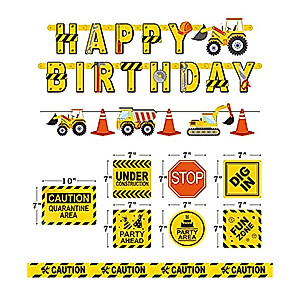 73PCS Construction Birthday Decorations for Boys, Cupcake Toppers, Barricades, Caution Tape, Foil Balloons, Banners, Hanging Swirls, Construction Birthday Party Supplies