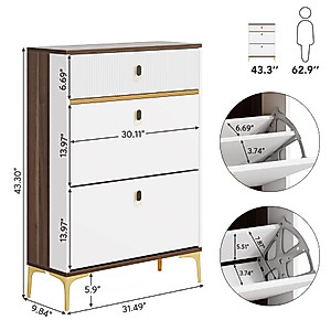 Tribesigns Shoe Cabinet for Entryway Slim: Shoe Storage Organizer Cabinet with 2 Flip Drawers, Wooden Shoe Rack with Gold Metal Legs for Entrance, Hallway, Living Room, White & Brown