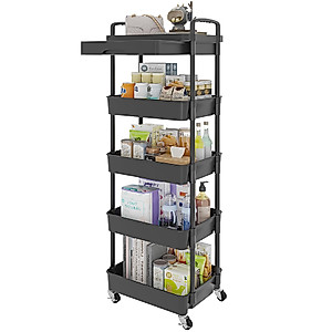 Calmootey 5-Tier Rolling Utility Cart with Drawer,Multifunctional Storage Organizer with Plastic Shelf & Metal Wheels,Storage Cart for Kitchen,Bathroom,Living Room,Office,Black