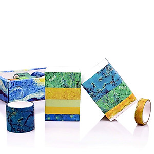 DAPUTOU Washi Tape Set of 12 Rolls,Van Gogh Starry Night Decorative Green Leaves Floral Blue Yellow Washi Masking Tape Sets for Craft,Kids,Scrapbook,DIY,Gift Wrapping(Yellow)