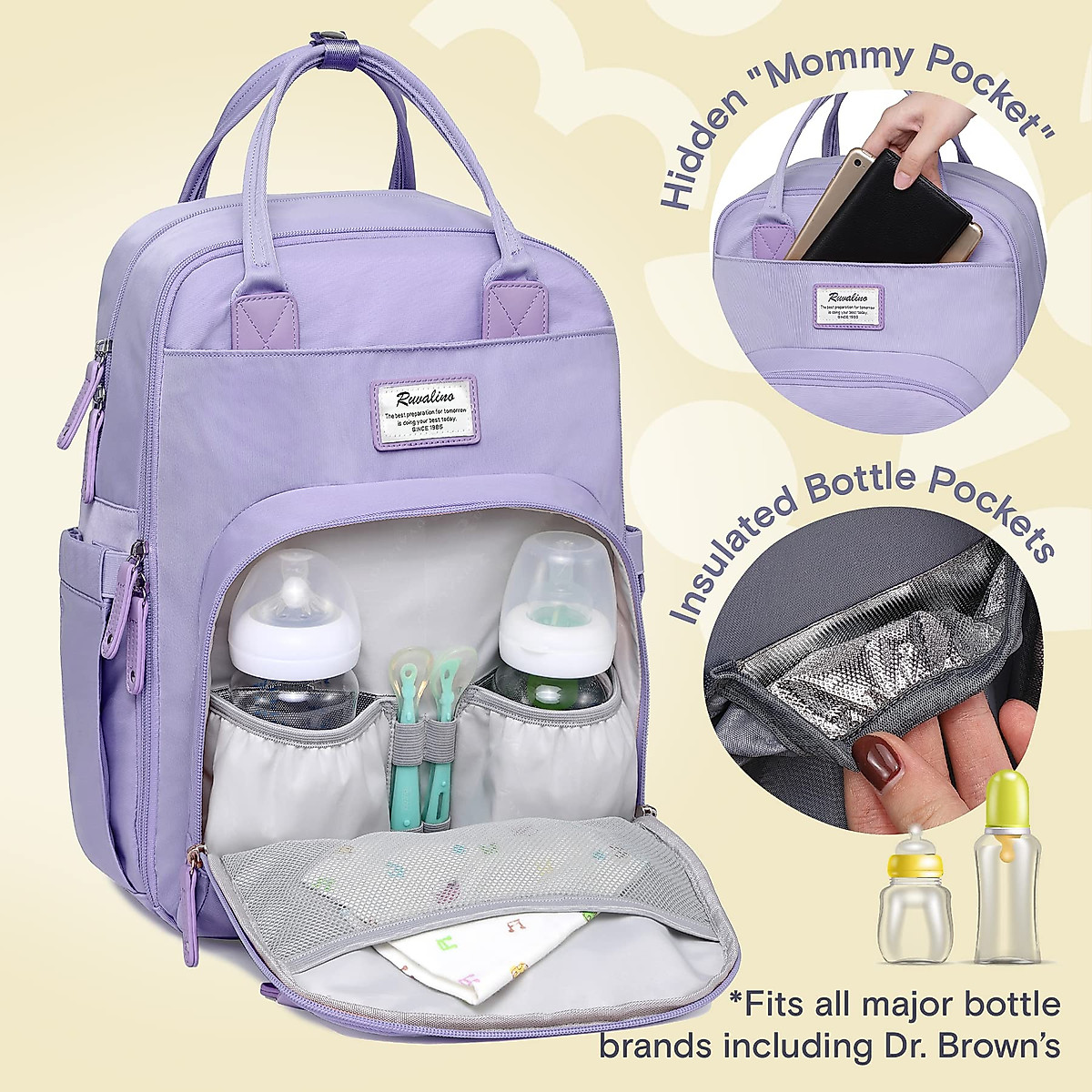 RUVALINO Diaper Bag Backpack - Multifunction Waterproof Travel Backpack, Maternity Baby Bag Tote for Girls with Changing Pad & Stroller Ring & Pacifier Case - Baby Registry Search - Taro Purple