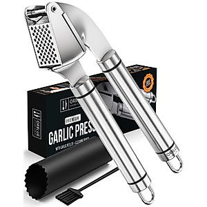 ORBLUE Garlic Press Stainless Steel - Premium Professional Grade Garlic Mincer, Crusher & Peeler Set - Easy Clean, Dishwasher Safe & Rust-proof