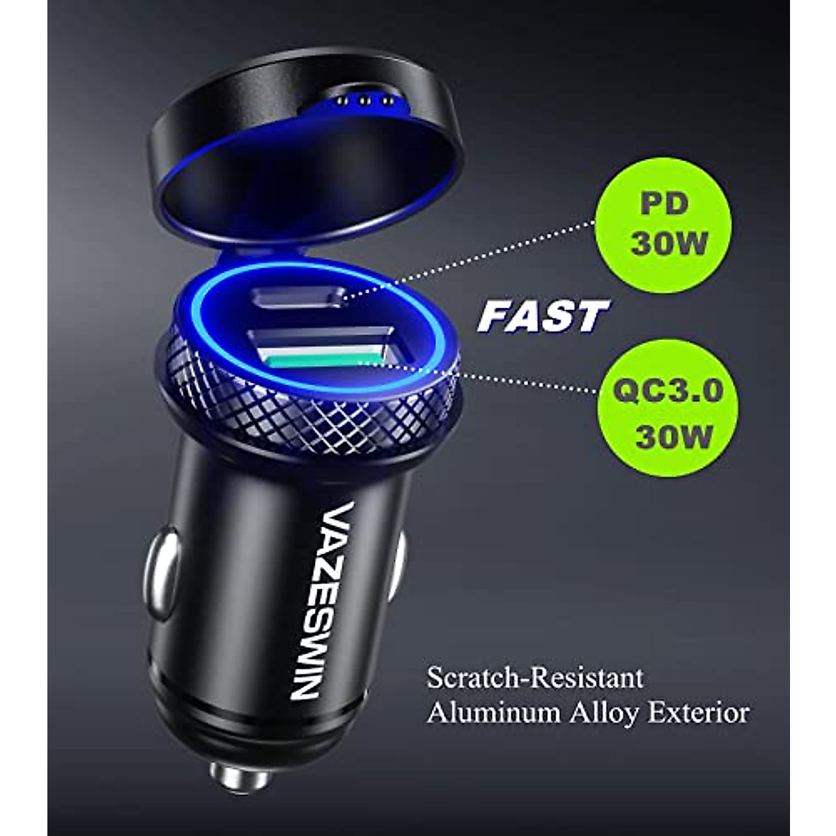 USB C Car Charger, VAZESWIN 60W 5A Mini Metal Super Fast Car Charger Adapter, QC3.0&PD Type C Dual Port Fast Charge USB Car Phone Charger with Blue LED Aperture and Protective Cover