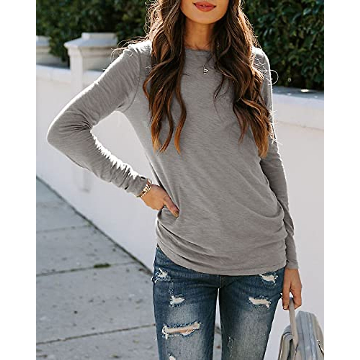 Sherosa Women's T-Shirts Long Sleeve Crew Neck Lightweght Loose Fall Tops Grey,L