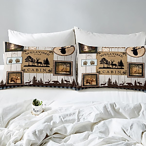 Rustic Bear Moose Duvet Cover Full Size,Countryside Rural Hunting Theme Quilt Cover for Men Women Adults,Retro Farmhouse Wood Plank Comforter Cover,Woodland Animal Cabin Lodge Bedding Set,3Pcs