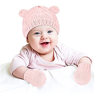 Newborn Winter Beanie Hat Gloves Set for Baby Girls Boys, Infant Toddler Warm Knitted Hat Gloves, Unisex-Baby Beanies (0-1 Months, Pink & White)