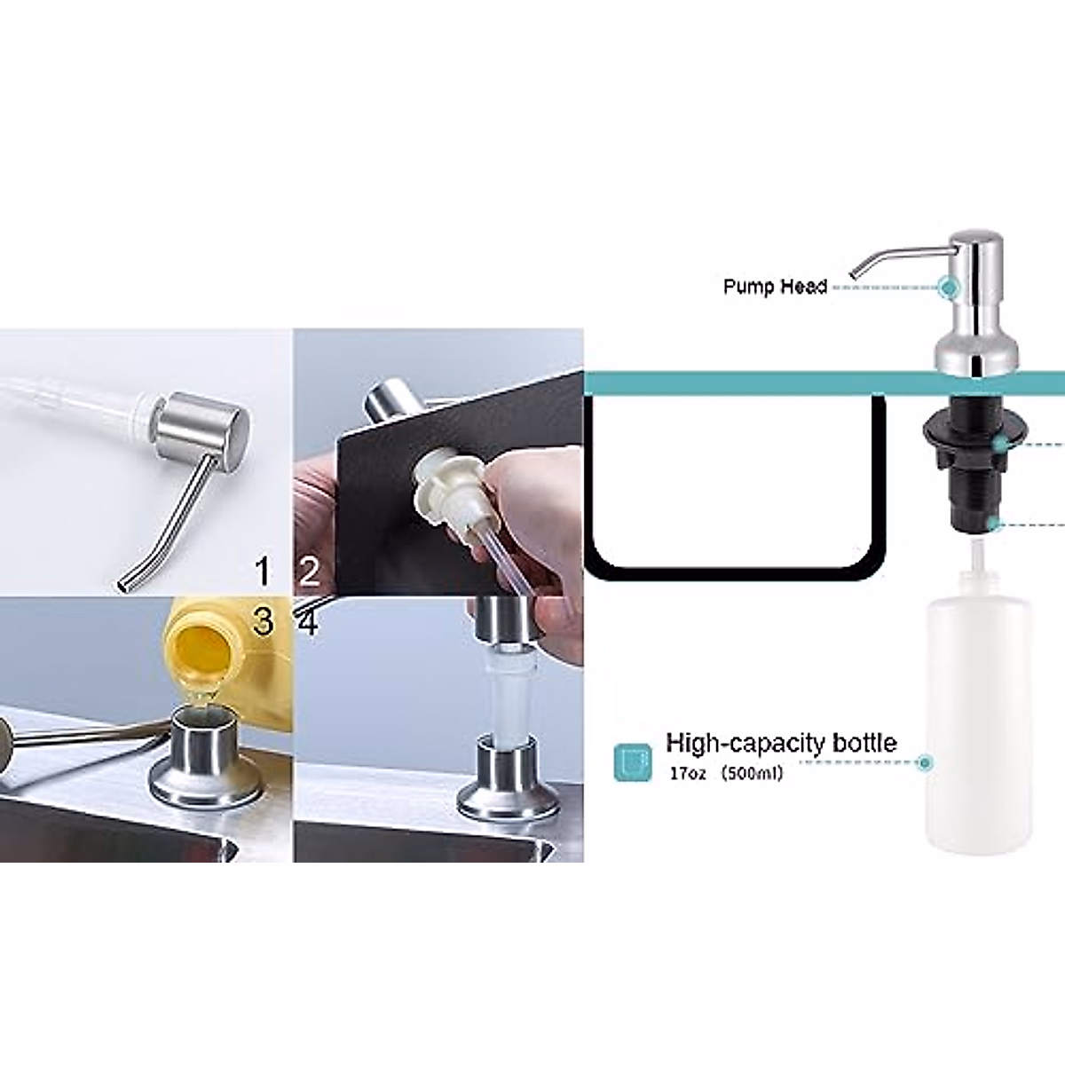 Soap Dispenser, Kitchen Soap Dispenser, Large Capacity 17 OZ Bottle, Stainless Steel Built in Soap Dispenser for Kitchen Sink, Brushed Nickel