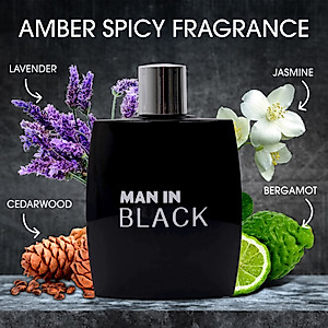 NovoGlow Man in Black for Men - Luxurious Aroma in Each 3.4 fl Oz Black Glass Bottle - Top Notes of Bergamot and Pineapple Formulated with Essential Oils - Fantastic Gift Choice - Grey Suede Pouch