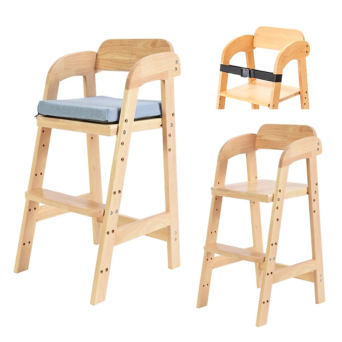 Muchuan Wooden Highchairs Height for Toddlers Adjustable Feeding Chair, for 1-12 Years Old Max 60kg Grows with Your Kid with Steps for Kids Dining, Studying, Step Tool