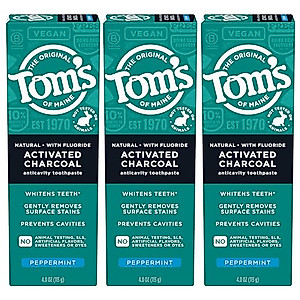 Tom's of Maine Activated Charcoal Whitening Toothpaste with Fluoride, Peppermint, 4.7 oz. 3-Pack (Packaging May Vary)