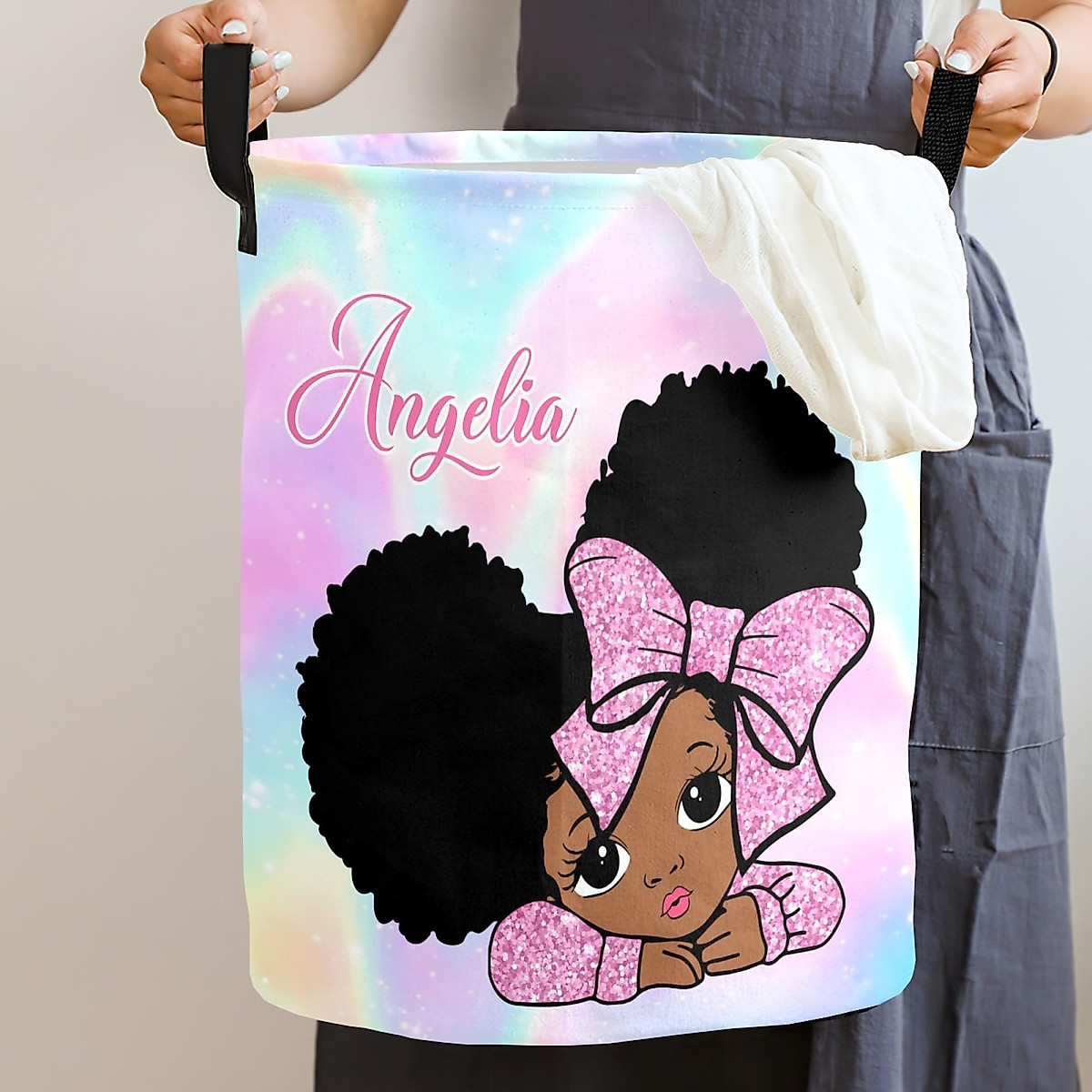 Generic Waterproof Laundry Hamper for Girls Kids Baby, Cute Pink Laundry Basket with Handle, Custom Nursery Hamper with Name