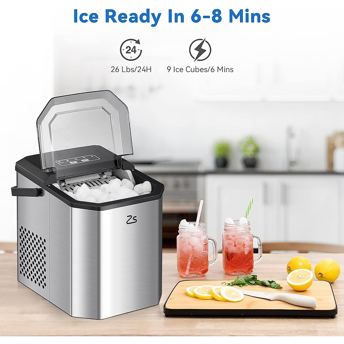 Zstar Ice Maker Countertop with Bullet Ice, 26Lbs/Day, Stainless Steel Portable Ice Machine w/Ice Scoop, 45lb Quiet Design, Self-Cleaning Function and Timer Function for Kitchen Office Home Cafe Bar