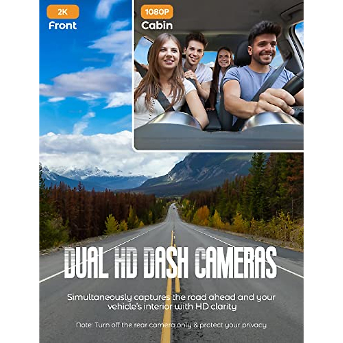 Dual Dash Cam, Dash Cam 2K Front and 1080P Cabin Dash Camera, 2.5K 2560x1440P@60fps Single Front, Dual Sensor, Infrared Night Vision, App Control, 24hr Parking Mode, Built-in GPS, VD009