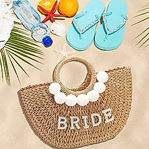 Pinkunn Bride Beach Bag Handwoven Straw Rhinestone Pearl Letters Handle Purse Bachelorette Wedding Honeymoon Essentials (BRIDE, Pearl Letter)