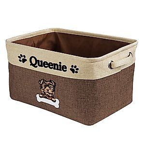 MALIHONG Personalized Foldable Storage Basket with Cute Dog Yorkie Collapsible Sturdy Fabric Bone Pet Toys Storage Bin Cube with Handles for Organizing Shelf Home Closet, Brown and White