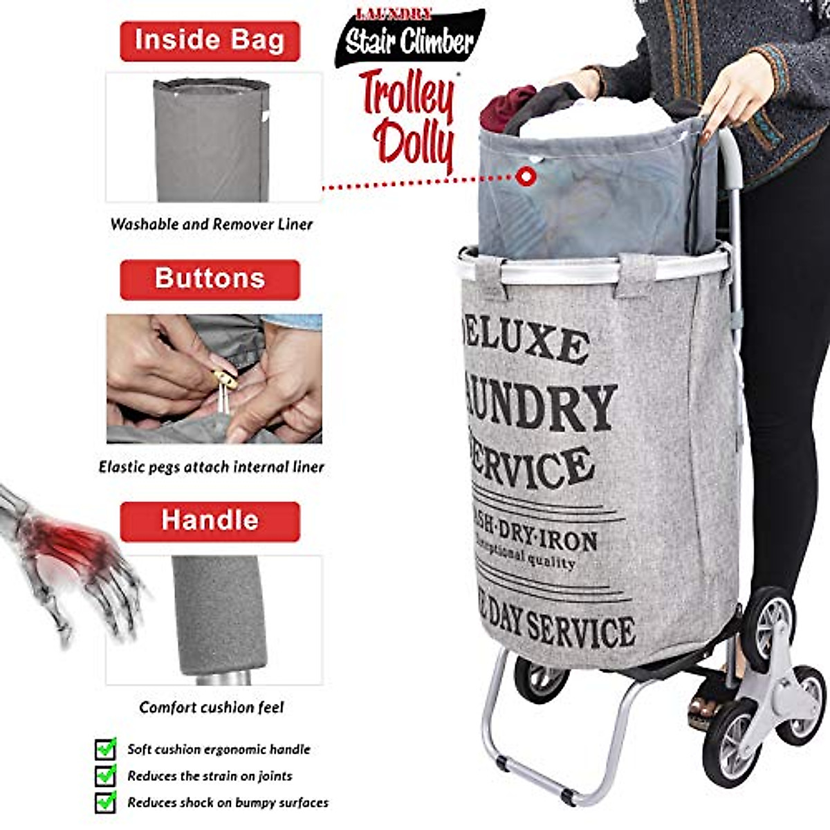 dbest products Stair Climber Laundry Trolley Dolly, Grey Laundry Bag Hamper Basket cart with wheels sorter