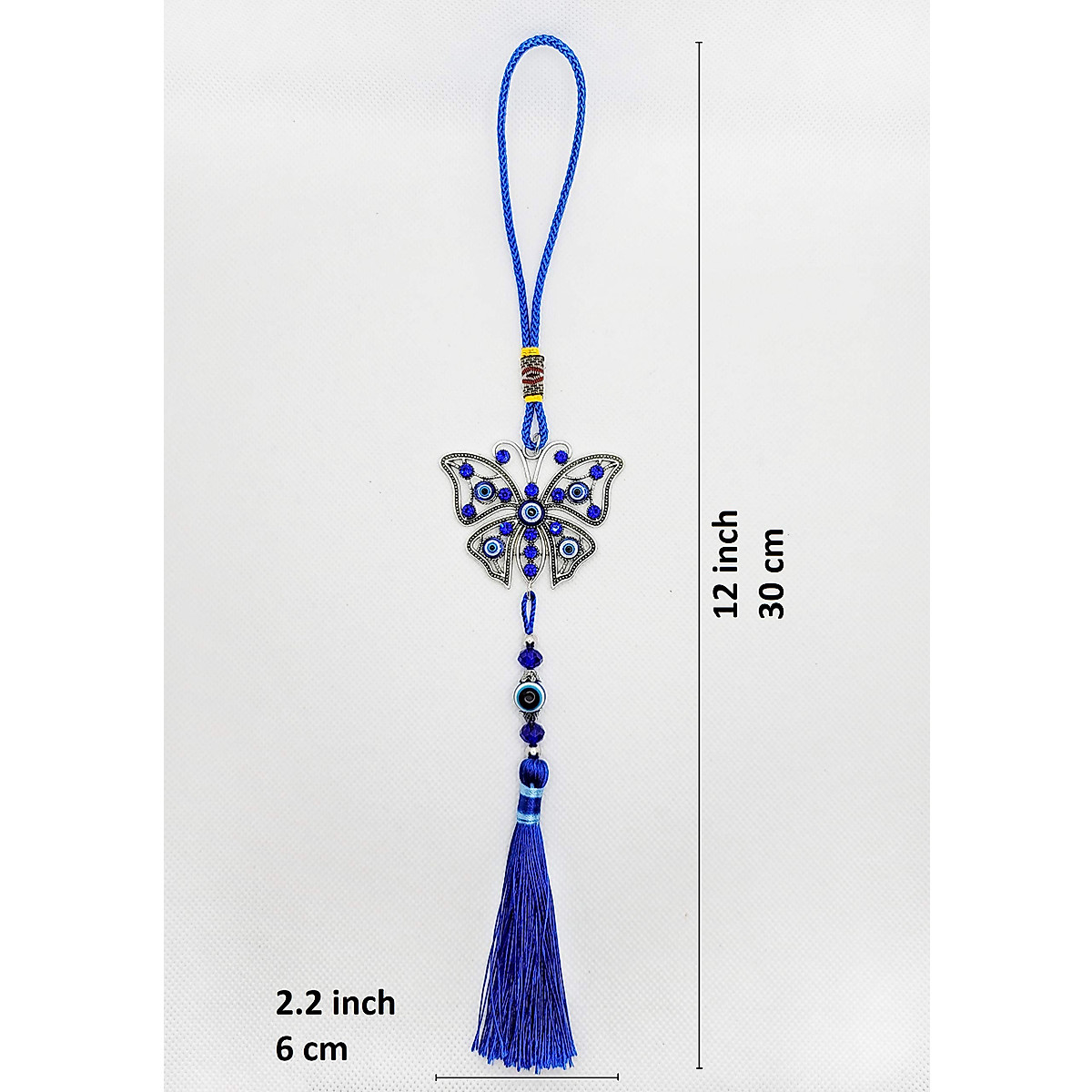 LUCKBOOSTIUM Center Evil Eye Butterfly Charms Pendant in Blue Crystal Stone w/Tassels for Good Luck & Protection Car Rear View Mirror Hanging Ornament Accessories Home Decor Charm