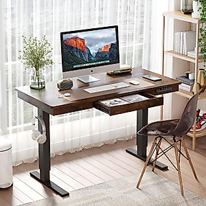 Yoimori Electric Standing Desk with Drawer,48 x 24 Inches Standing Desk Adjustable Height Desk with 12W Wireless Charging,One-Piece Wooden Desktop Sit Stand Up Desk, Memory Home Office Desks