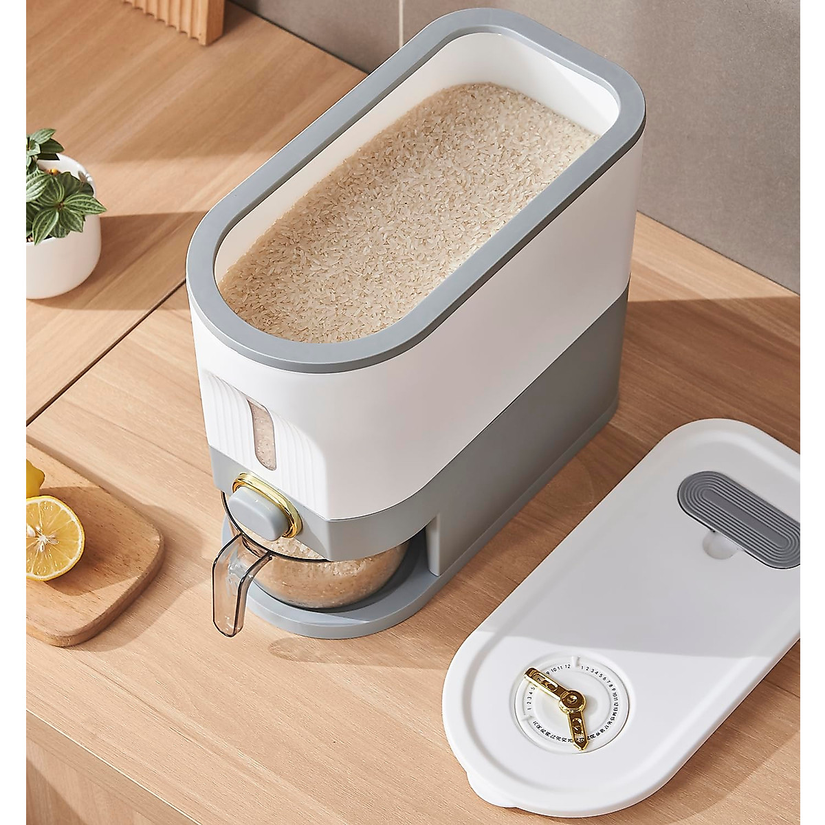 Sooyee 11 Lbs Rice Container, Large Grain Container Storage with Lid Measuring Cylinder Moisture Proof Household Cereal Dispenser Bucket for Kitchen Soybean Corn,White and Grey