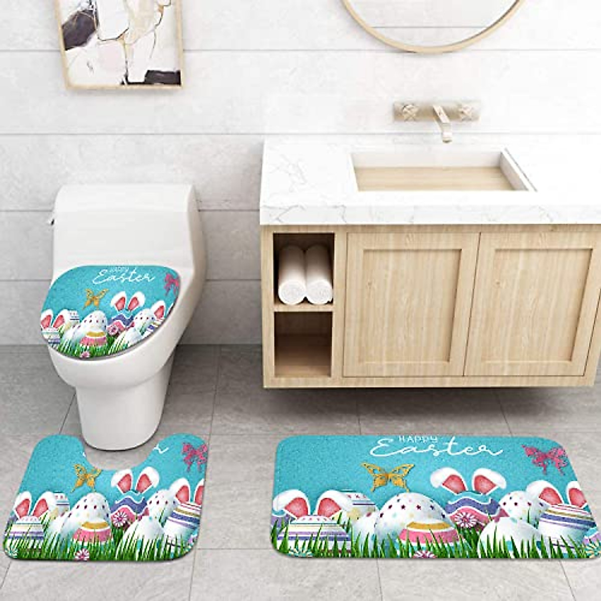 ArtSocket Easter 4 Pcs Shower Curtain Set Easter Blue Cartoon Bunny with Non-Slip Rugs Toilet Lid Cover and Bath Mat Bathroom Decor Set 72" x 72"
