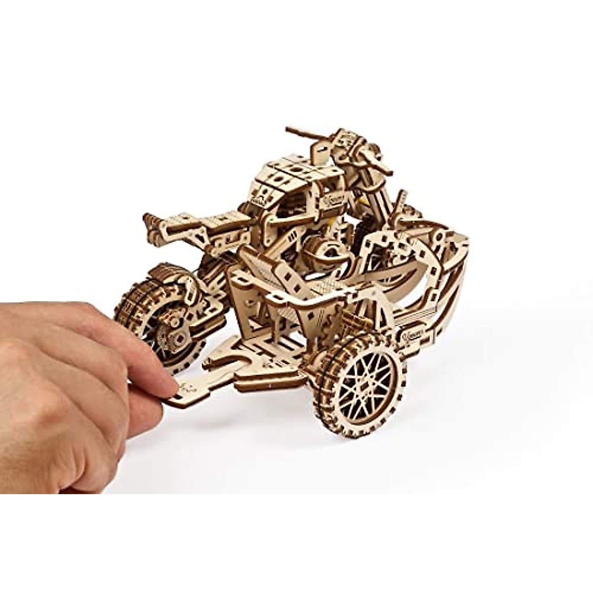 UGEARS Motorcycle with Sidecar 3D Puzzles - UGR-10 Motorcycle Scrambler Perfect Father's Day Gift Idea Wooden Model Kits for Adults to Build - Retro Design Sidecar Motorbike Model Kit with Rubber Band Motor