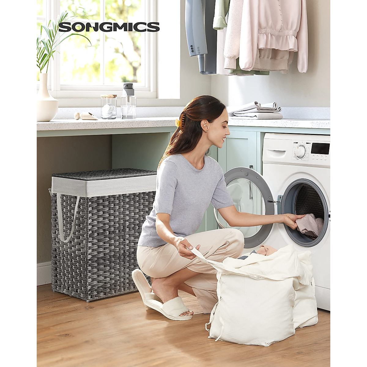 SONGMICS Laundry Hamper with Lid, 90L Clothes Hamper with 2 Removable Liner Bags, 6 Mesh Bags, Wicker Laundry Basket, Double Laundry Hamper for Bathroom, 13 x 18.1 x 23.6 Inches, Gray ULCB251G01V1